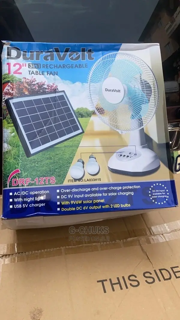 Duravolt 12" Rechargeable Table Fan With Solar Panel/2 Bulb in Lagos ...