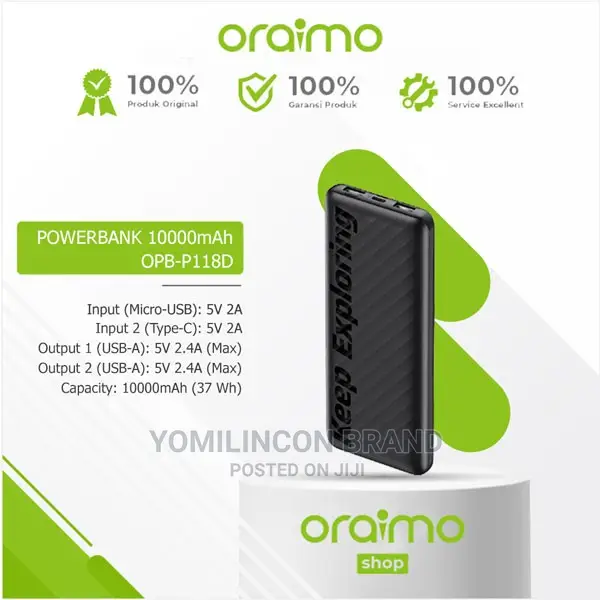Oraimo Opb-P118d 10000mah Power Bank - Black for sale - Yomilincon ...