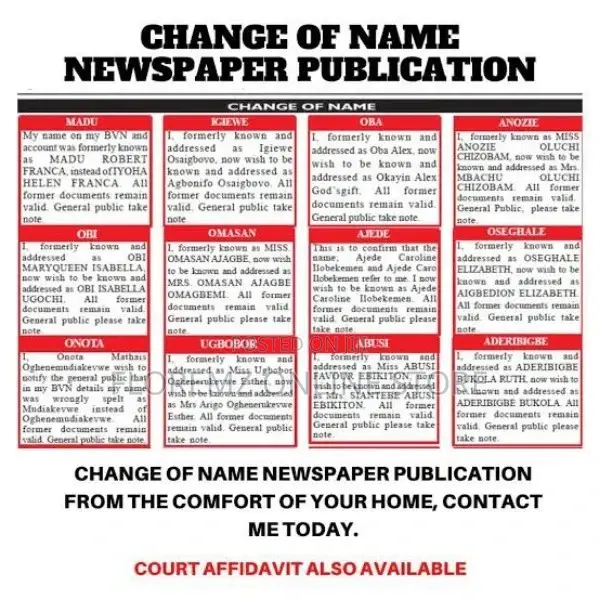 Change of Name Newspaper Publication in Alimosho - Legal Services ...