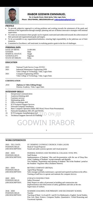 Office CV in Yaba - Office CVs, Godwin Irabor | Jiji.ng
