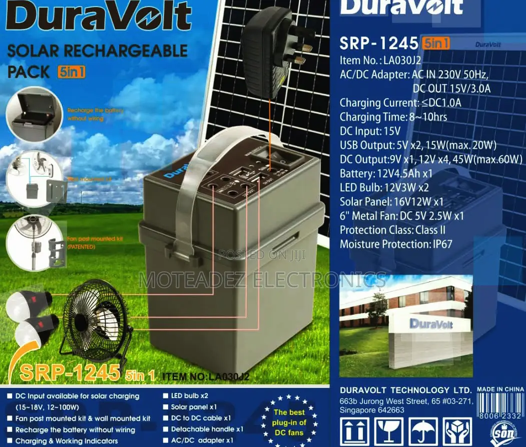 Duravolt 5 in 1 Solar Rechargeable Battery With Fan/2 Bulbs in Surulere ...