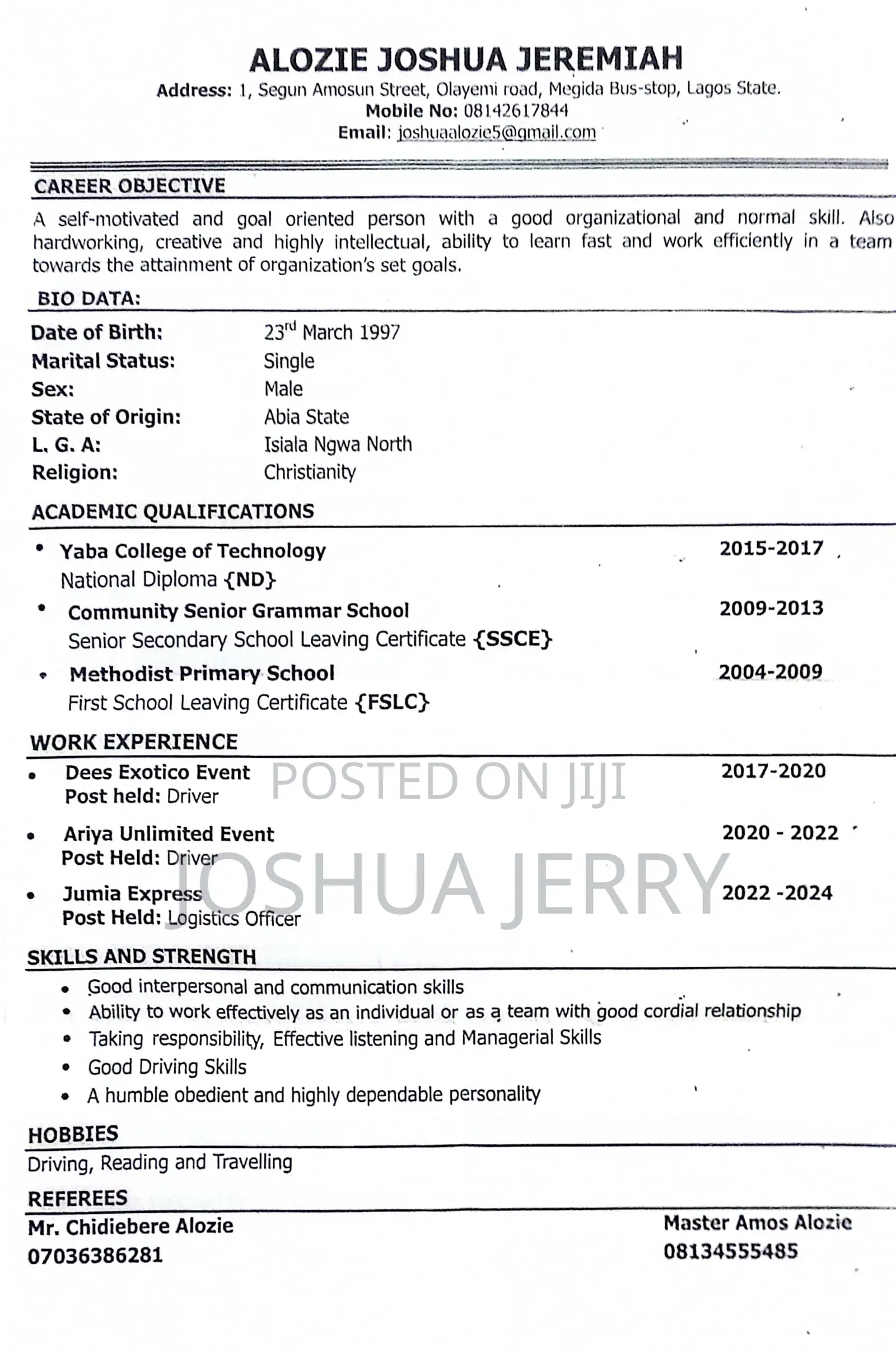 Executive Driver in Ikeja - Driver CVs, Joshua Jerry | Jiji.ng