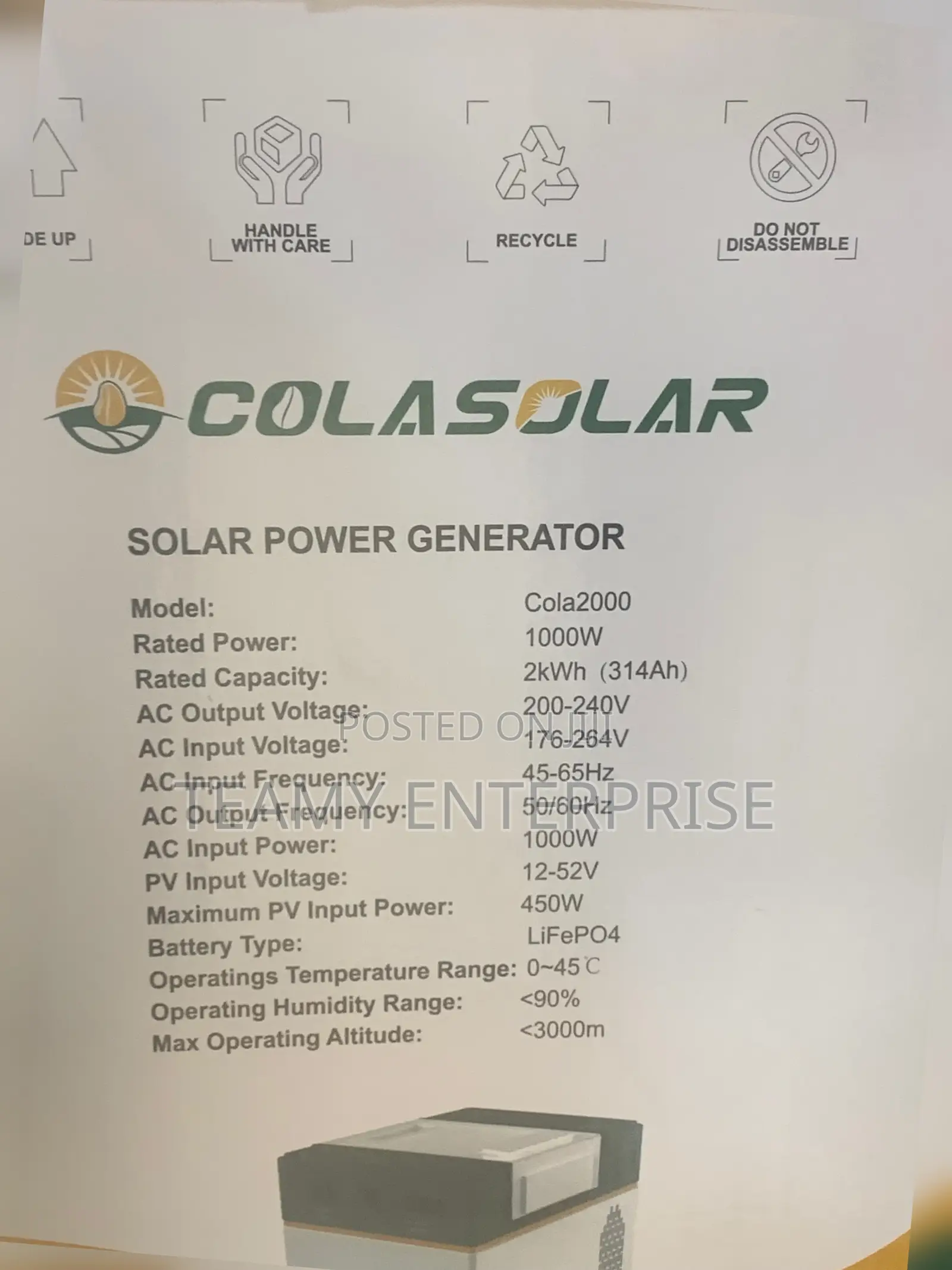 Cola2000 1000w Cola Solar Generator WTH 2kwh Lithium Battery in Ojo ...