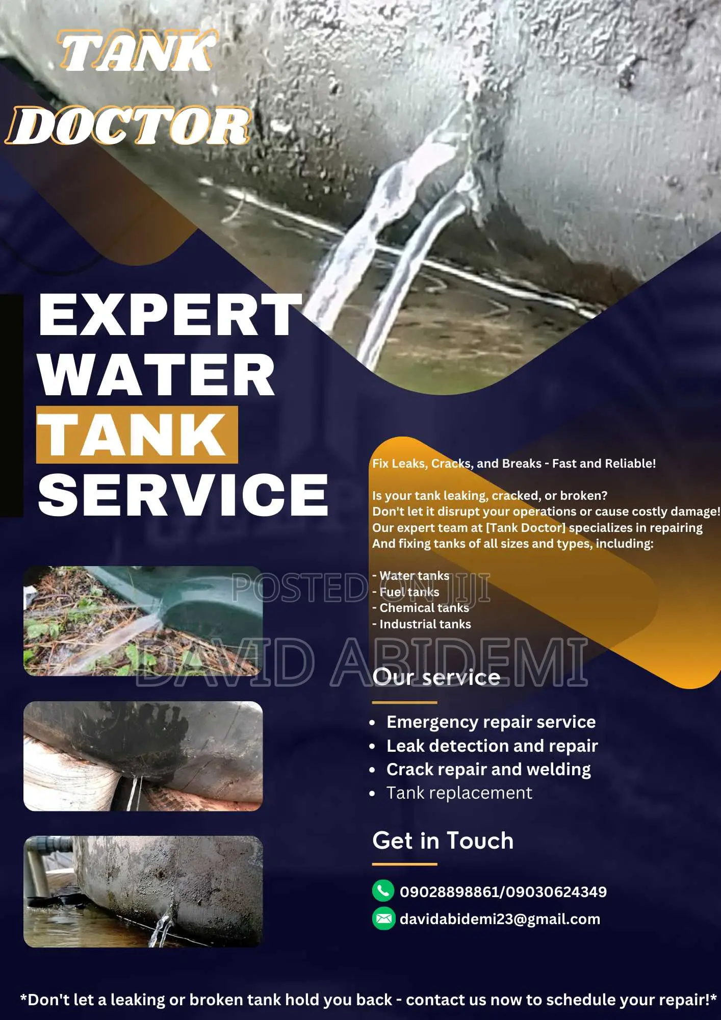 Water Tank Repair Services for sale - David Abidemi Price: Contact for ...