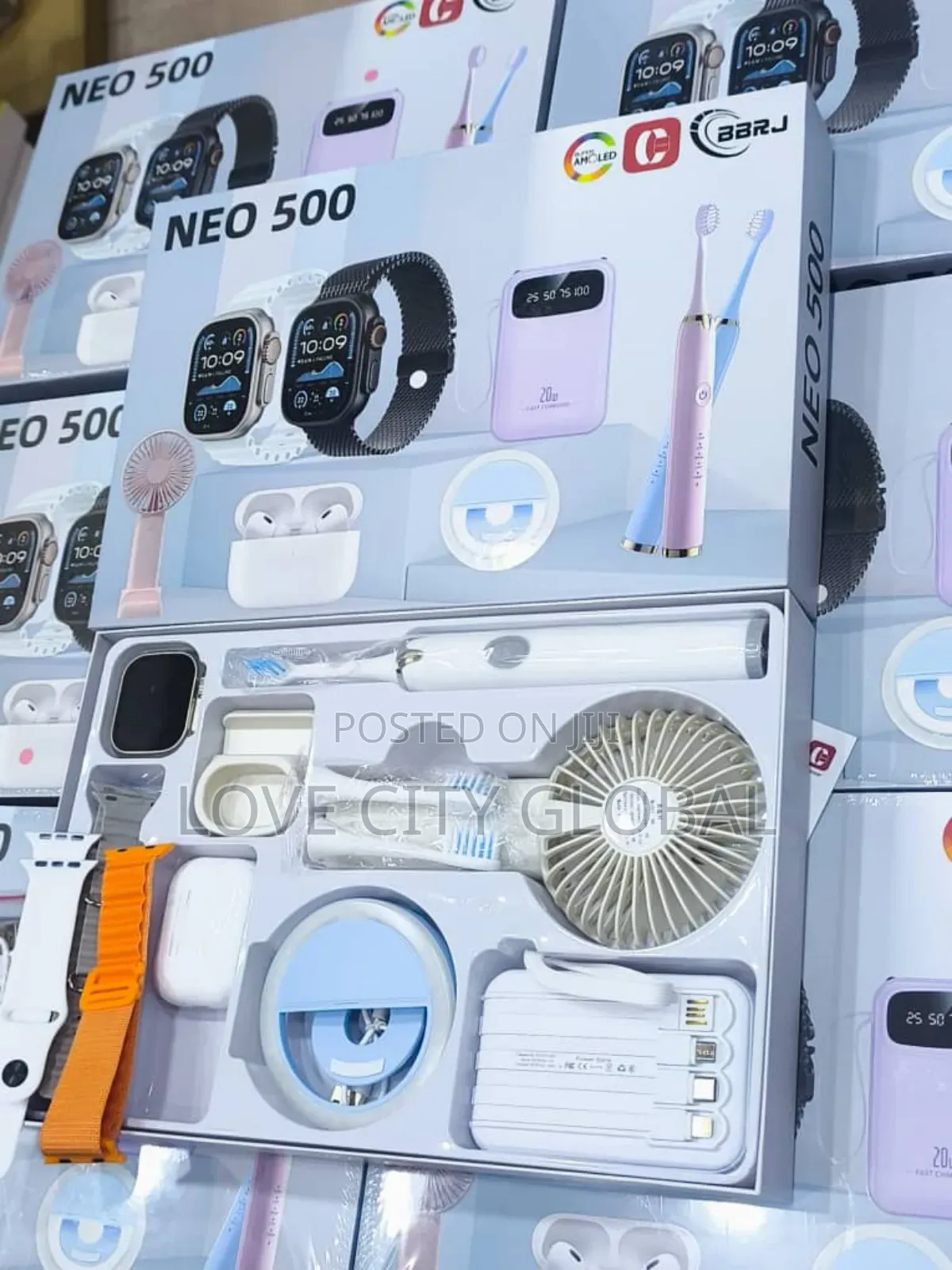 Neo 500 Smart Watch Earpod, Powerbank, Mini Fan, Led Light, 3 Brush in ...