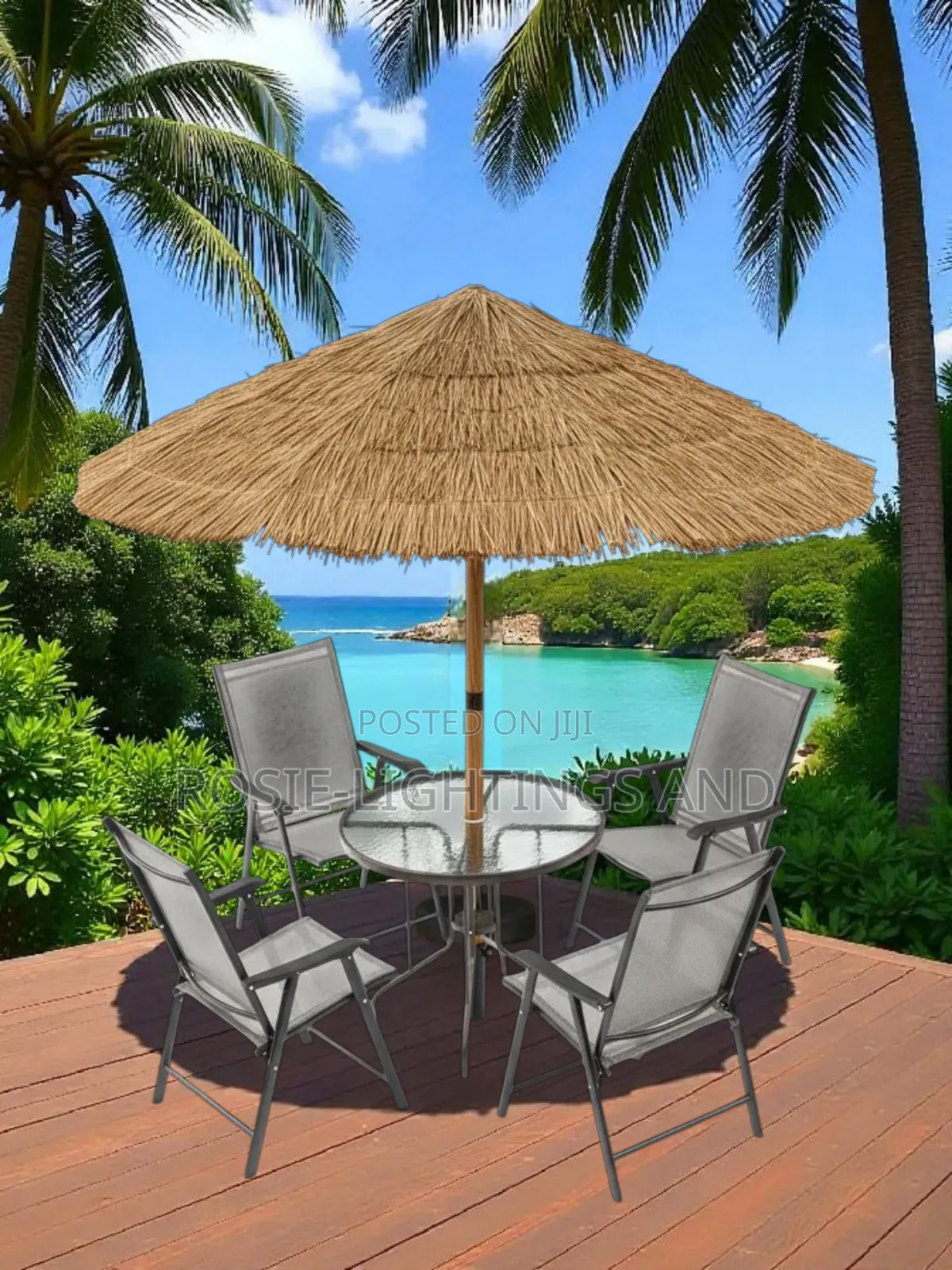Outdoor Set of Table and Chairs With Thatch Umbrella - ROSIE-LIGHTINGS ...