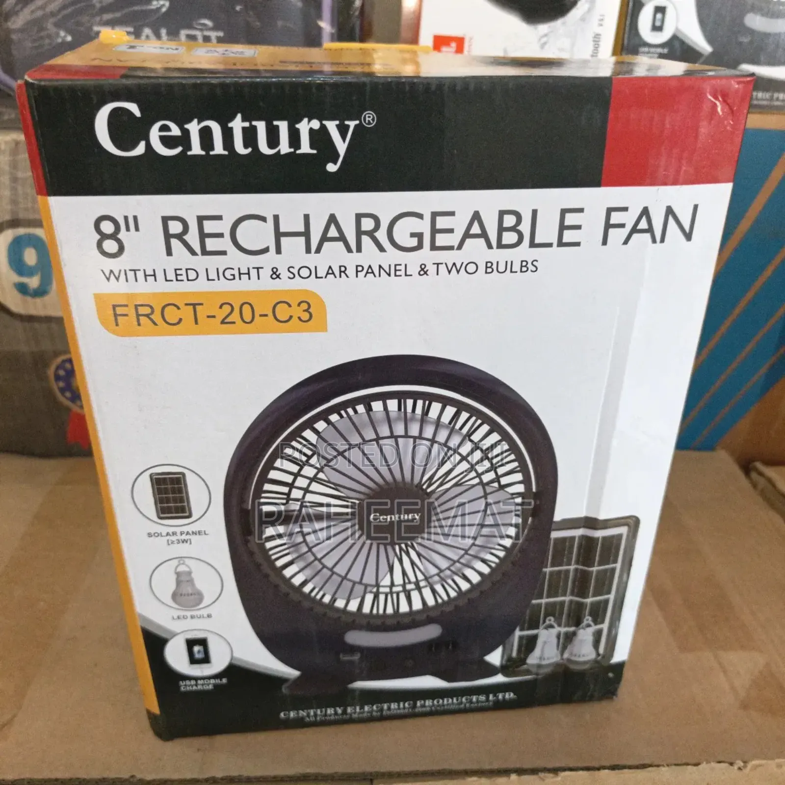 Century 8" Rechargeable Fan, Led Light, Solar Panel Two Bulbs in ...