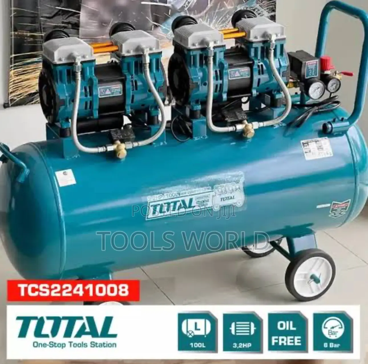 Total Oil-Free Industrial Air Compressor – 100l / 3.25hp (2×1200w) in ...