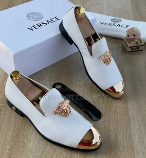 Title-White Leather Loafers With Gold Medusa Head and Cap Toe in Ojo ...