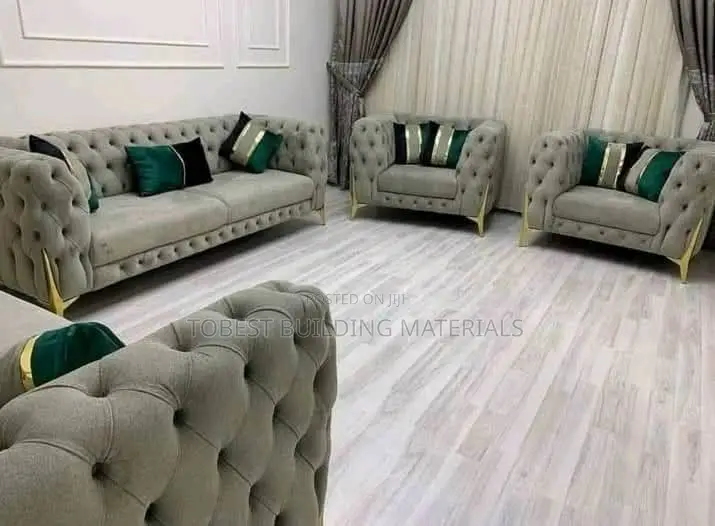 Luxury 7-Seater Light Grey Tufted Sofa Set With Gold Legs for sale ...