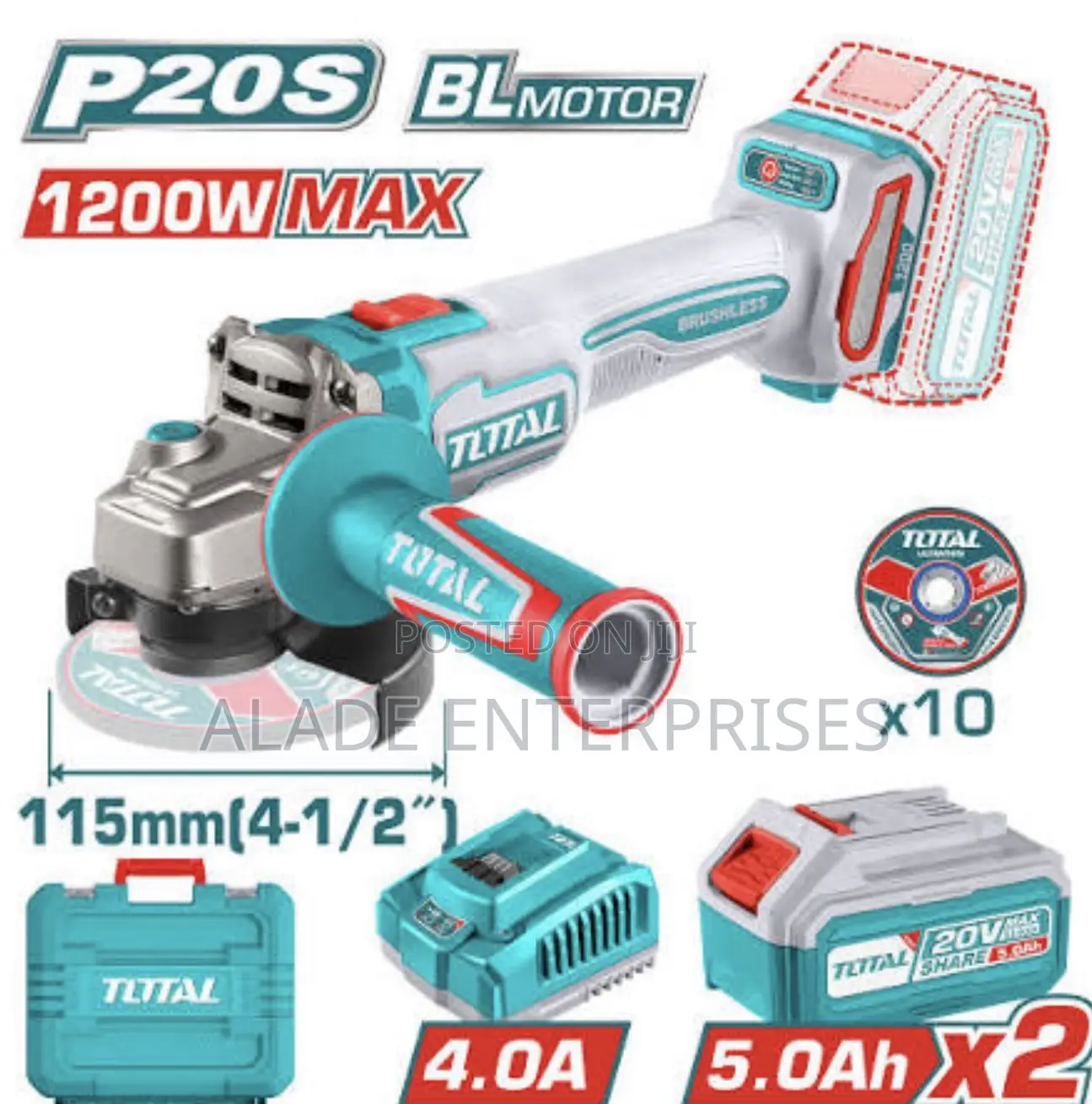 Total Tools Angle Grinder 4.5" 20v Brushless Cordless With 2 Batteries ...