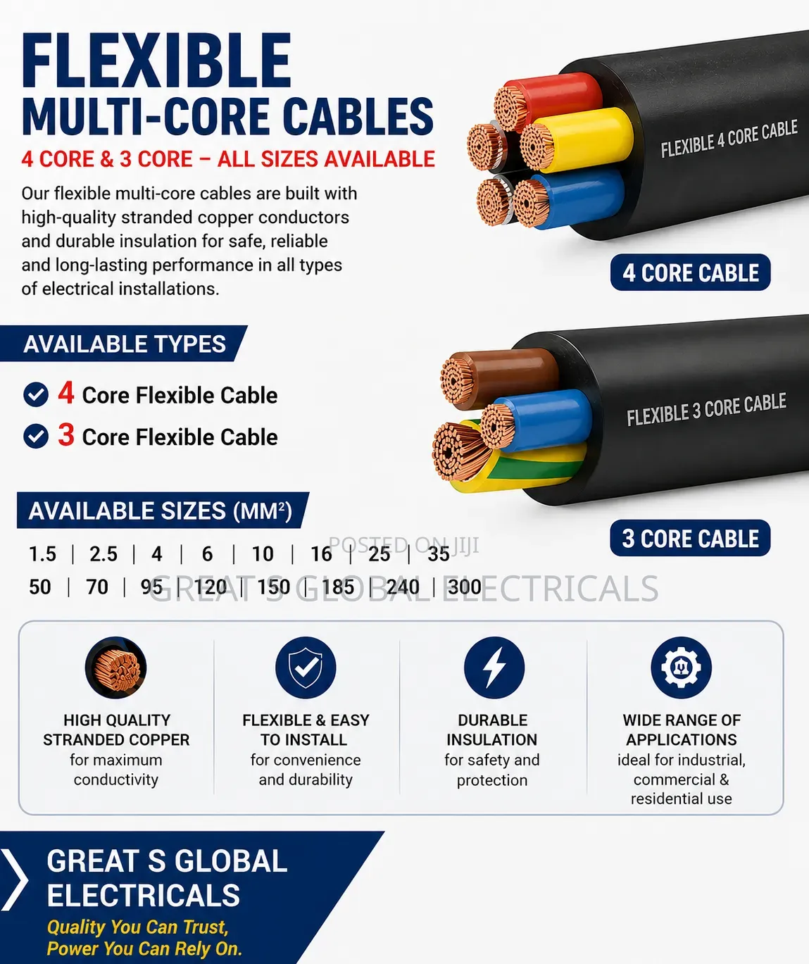 Flexible 4-Core 3-Core Copper Cable – All Sizes Available - Great S ...